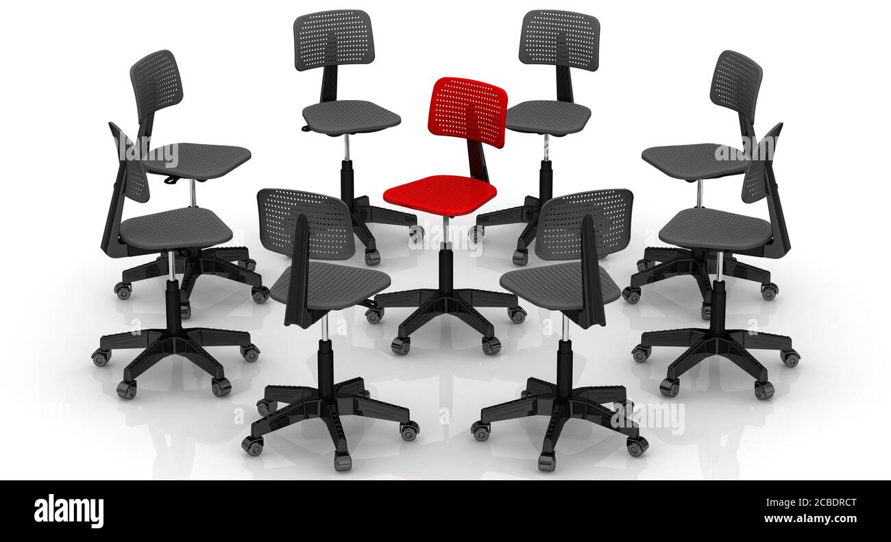 Interview. Empty black office chairs on a white surface lined up in a ...