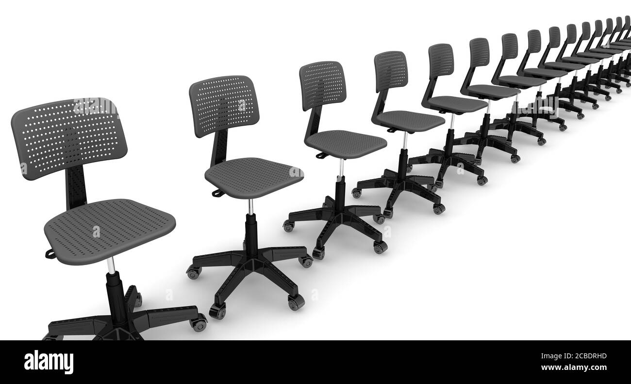 Office chairs lined up in row. Empty black office chairs on a white ...