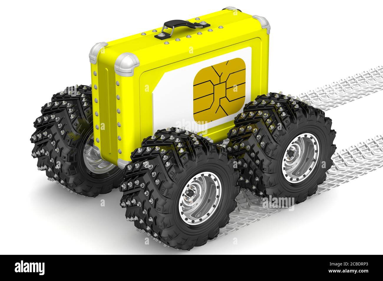 SIM-card for travel. Yellow suitcase on wheels and SIM card on the side ...