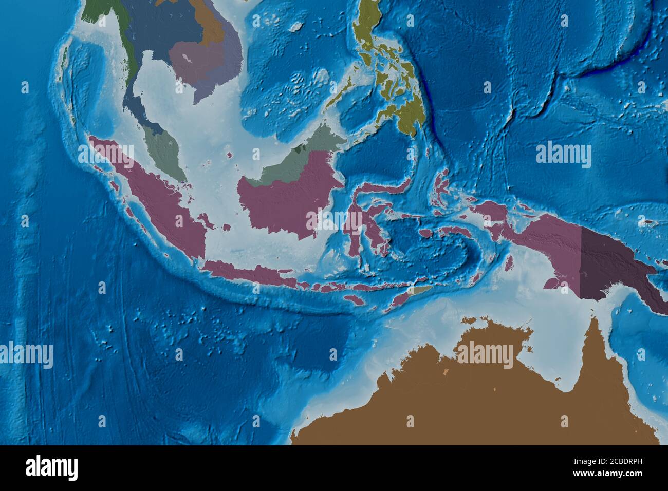 Extended area of Indonesia. Colored elevation map. 3D rendering Stock ...