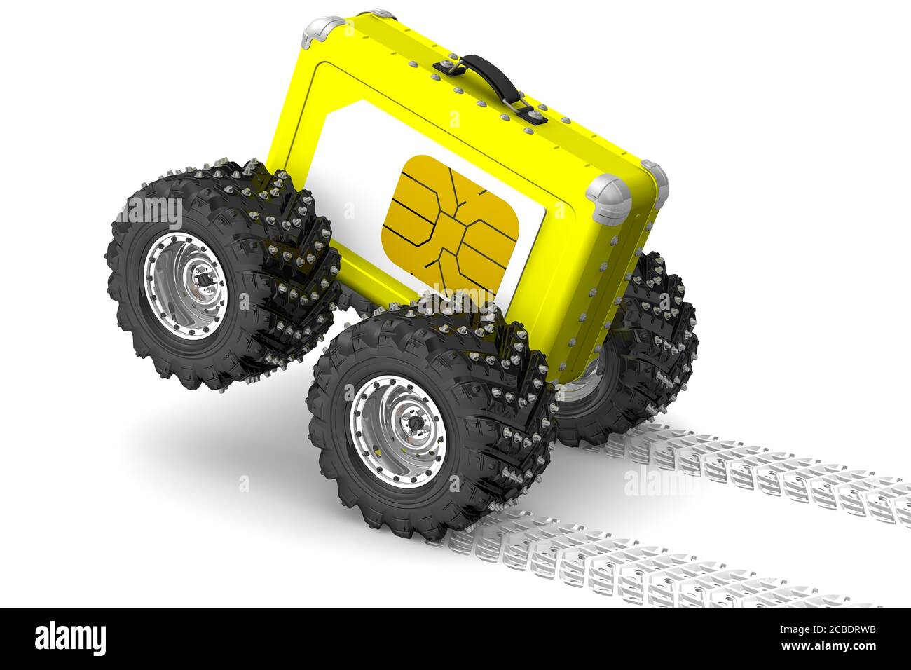 SIM-card for travel. Yellow suitcase on wheels and SIM card on the side ...