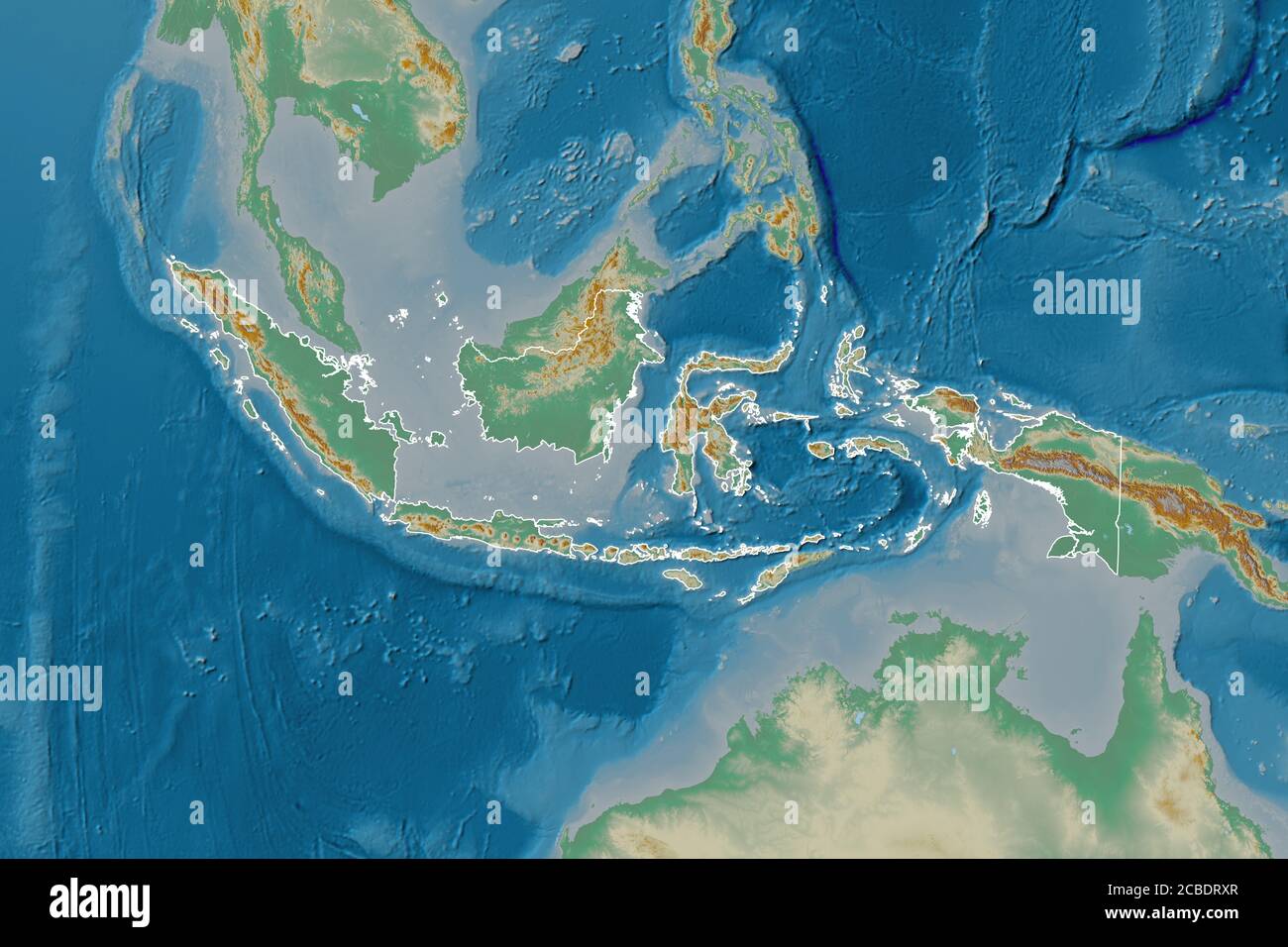 Extended area of outlined Indonesia. Topographic relief map. 3D ...