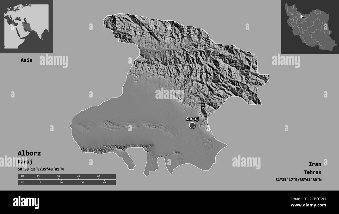 Shape of Alborz, province of Iran, and its capital. Distance scale ...