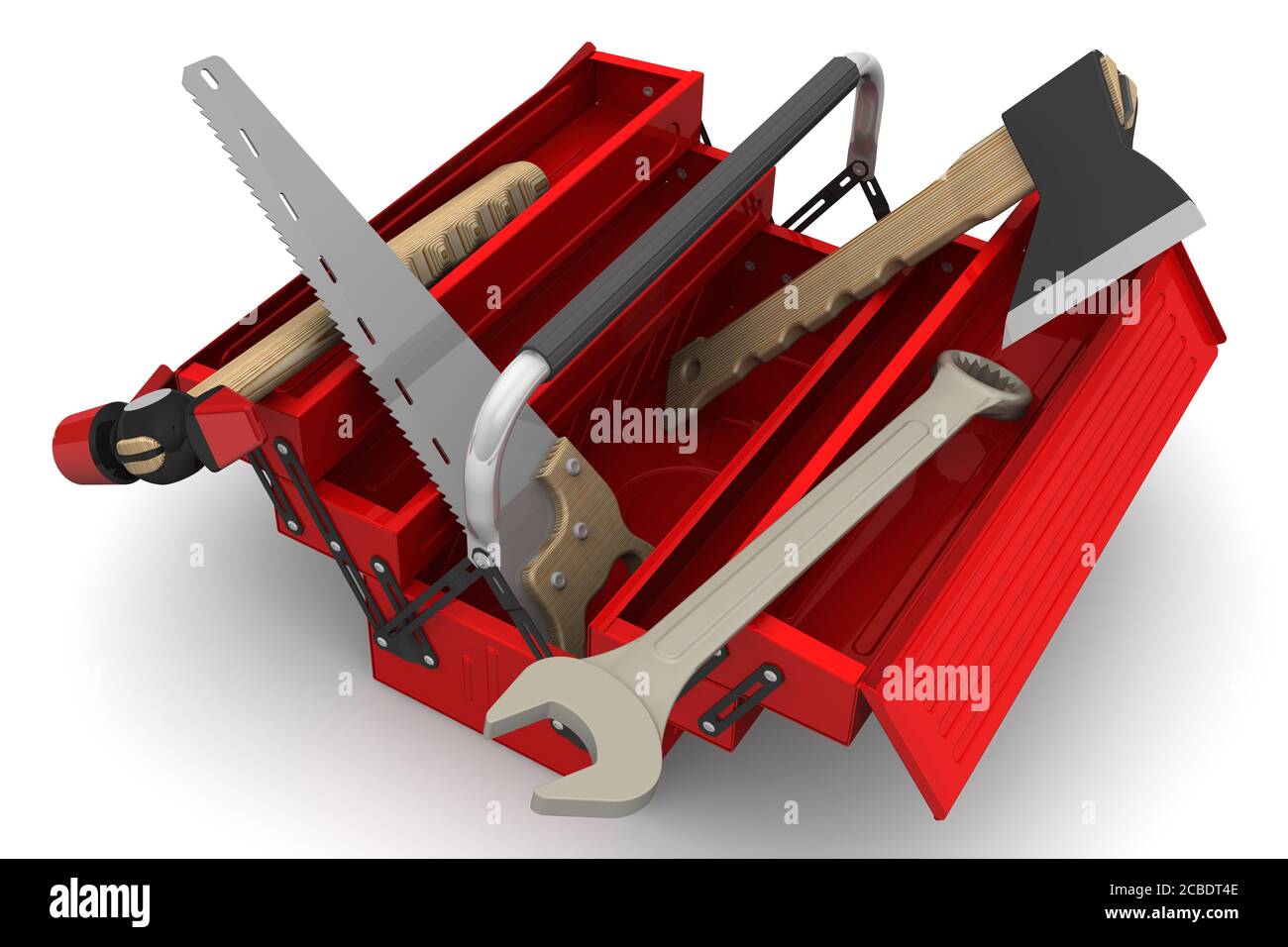 Tool box with tools. Red tool box with tools on a white surface. 3D ...