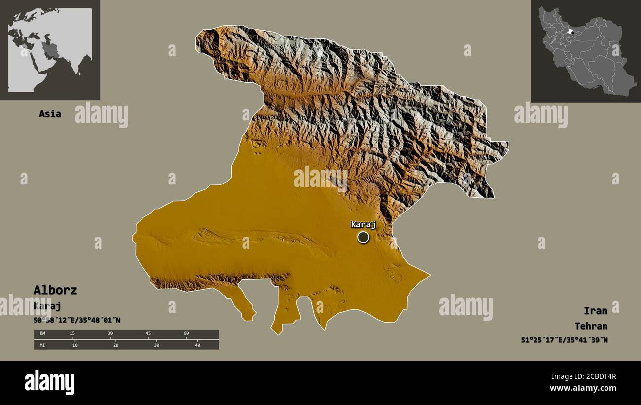 Shape of Alborz, province of Iran, and its capital. Distance scale ...