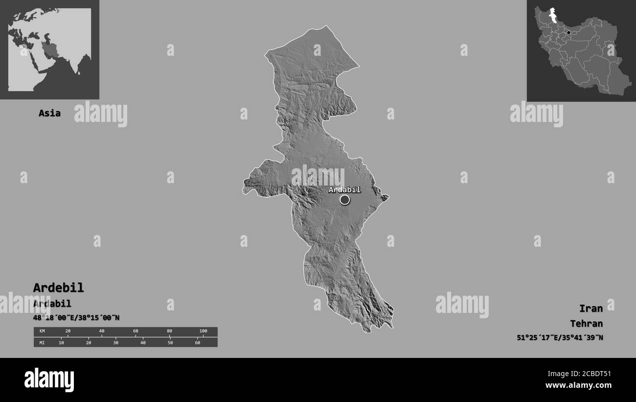 Shape of Ardebil, province of Iran, and its capital. Distance scale ...