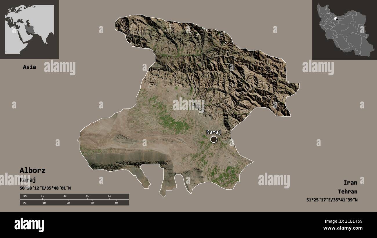 Shape of Alborz, province of Iran, and its capital. Distance scale ...