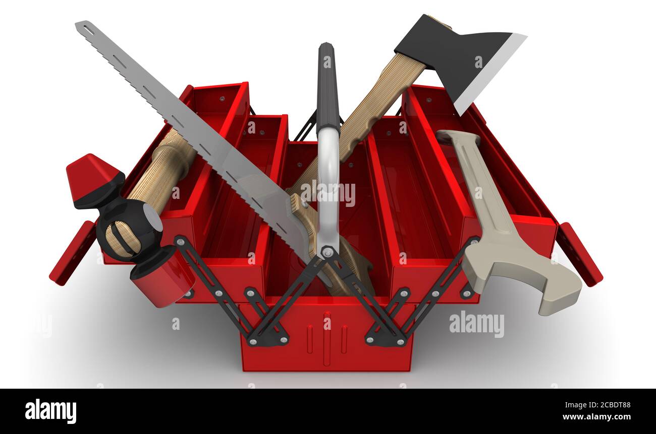 Tool box with tools. Red tool box with tools on a white surface. 3D ...