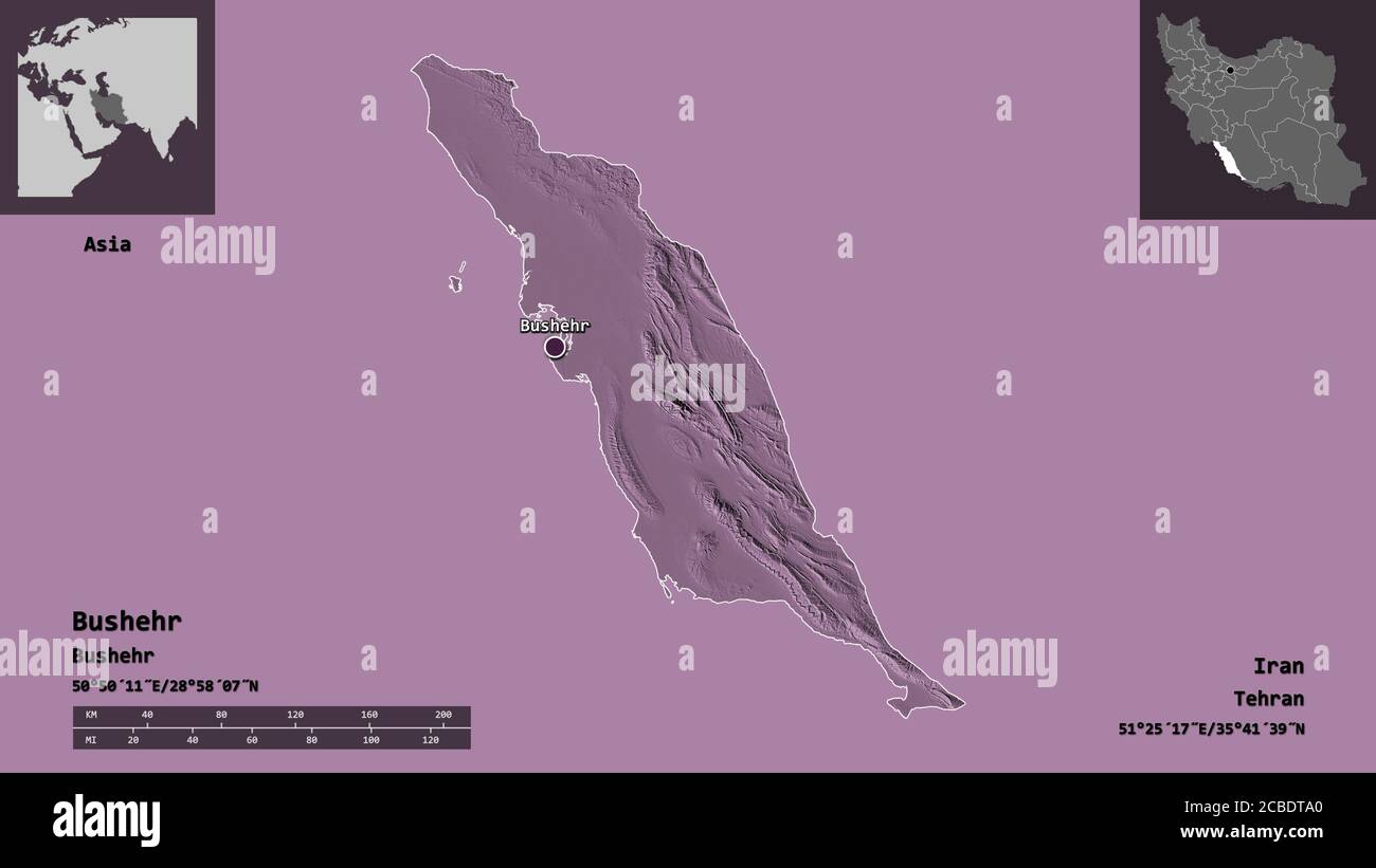 Shape of Bushehr, province of Iran, and its capital. Distance scale ...