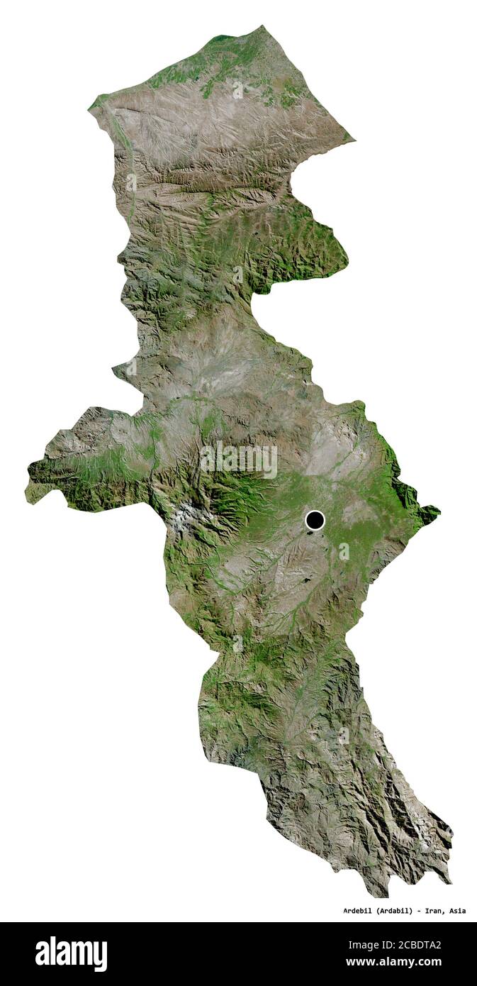 Shape of Ardebil, province of Iran, with its capital isolated on white ...