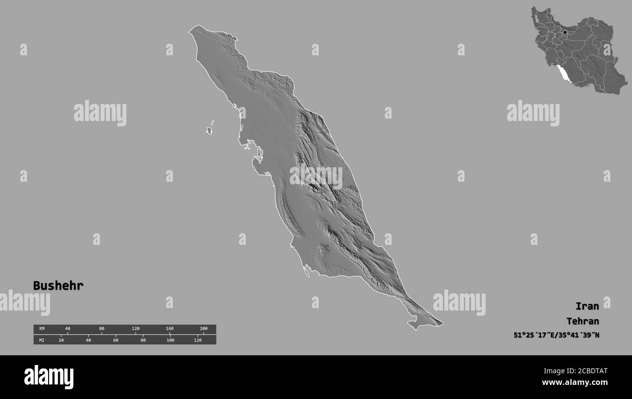 Shape of Bushehr, province of Iran, with its capital isolated on solid ...