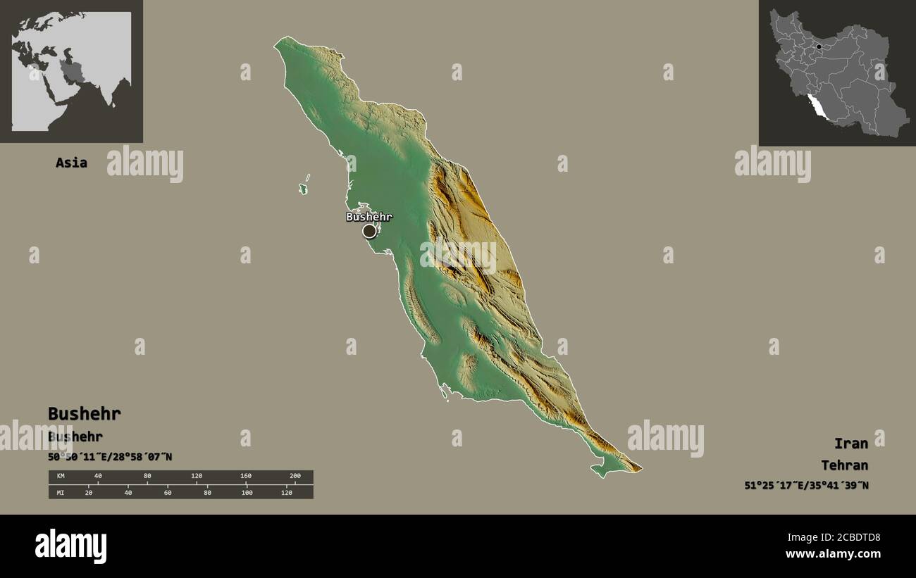 Shape of Bushehr, province of Iran, and its capital. Distance scale ...