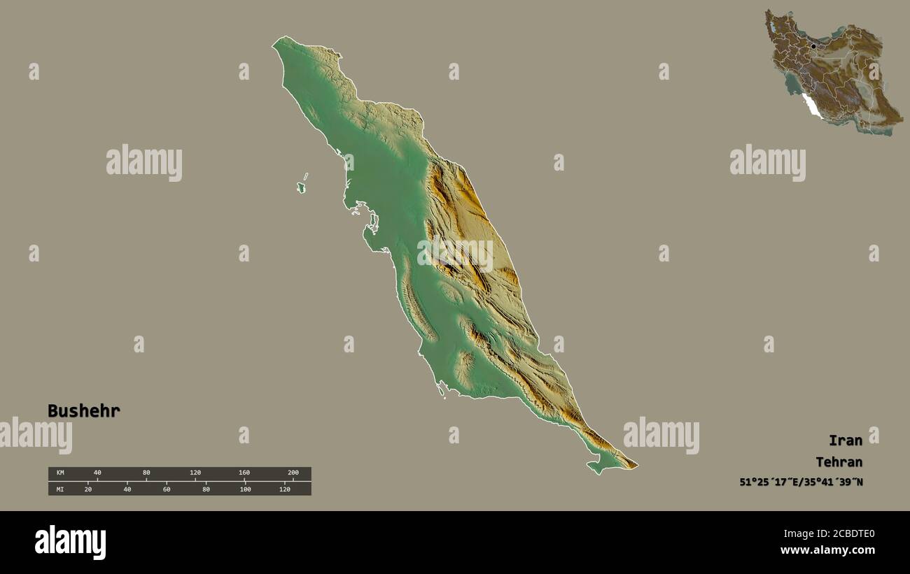 Shape of Bushehr, province of Iran, with its capital isolated on solid ...