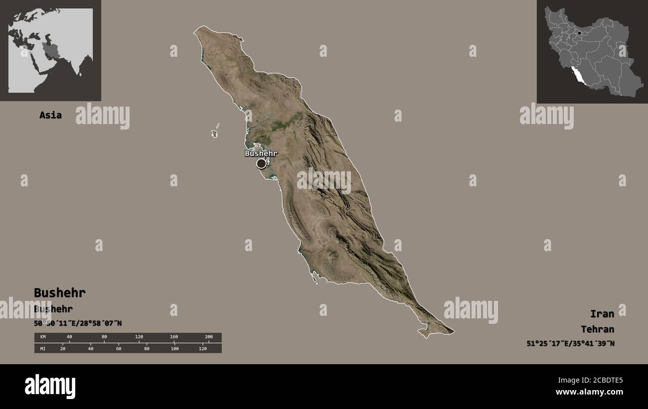 Shape of Bushehr, province of Iran, and its capital. Distance scale ...