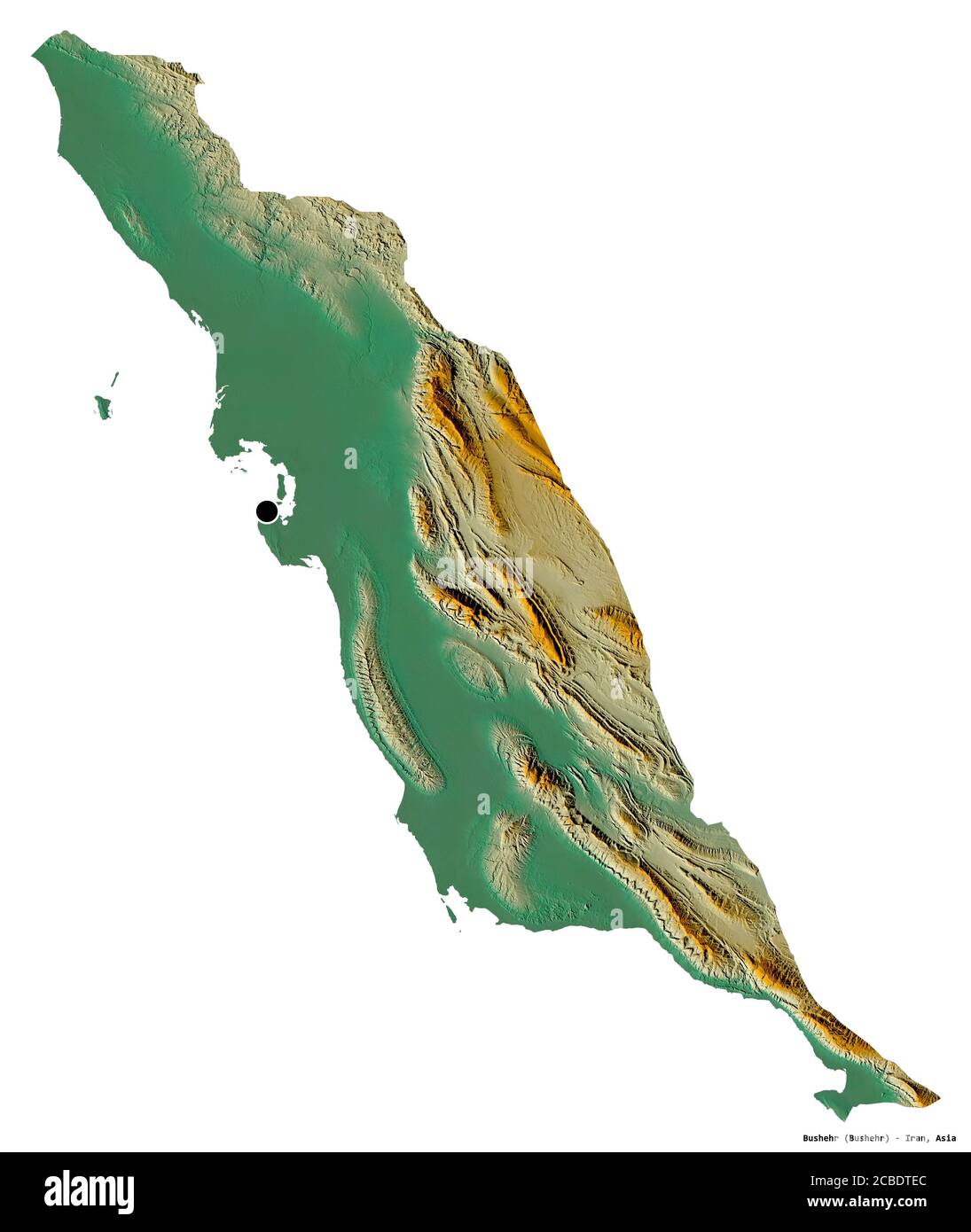 Shape of Bushehr, province of Iran, with its capital isolated on white ...