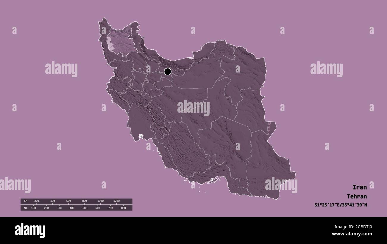 Desaturated shape of Iran with its capital, main regional division and ...