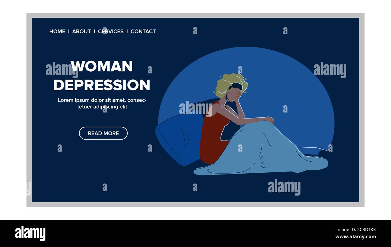 Woman Depression Sitting In Bed Night Time Vector Stock Vector Image ...