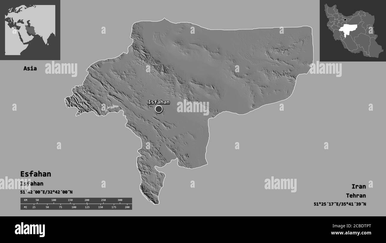 Shape of Esfahan, province of Iran, and its capital. Distance scale ...