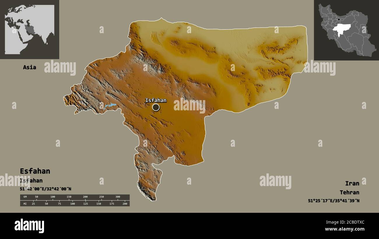 Shape of Esfahan, province of Iran, and its capital. Distance scale ...
