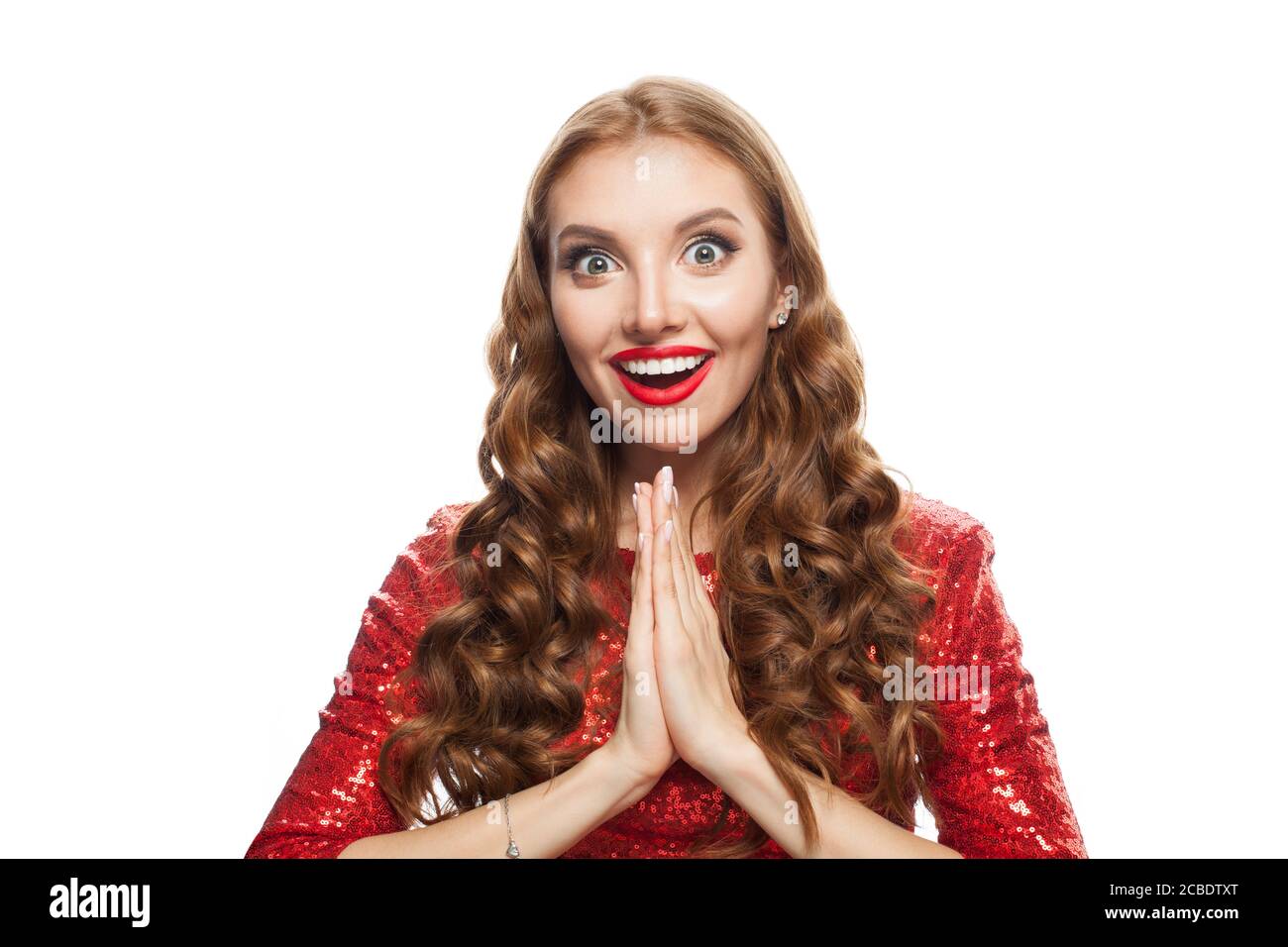 Pretty excited woman fashion model on white background Stock Photo - Alamy