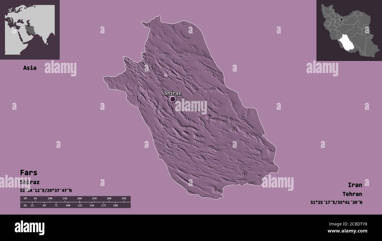 Shape of Fars, province of Iran, and its capital. Distance scale ...