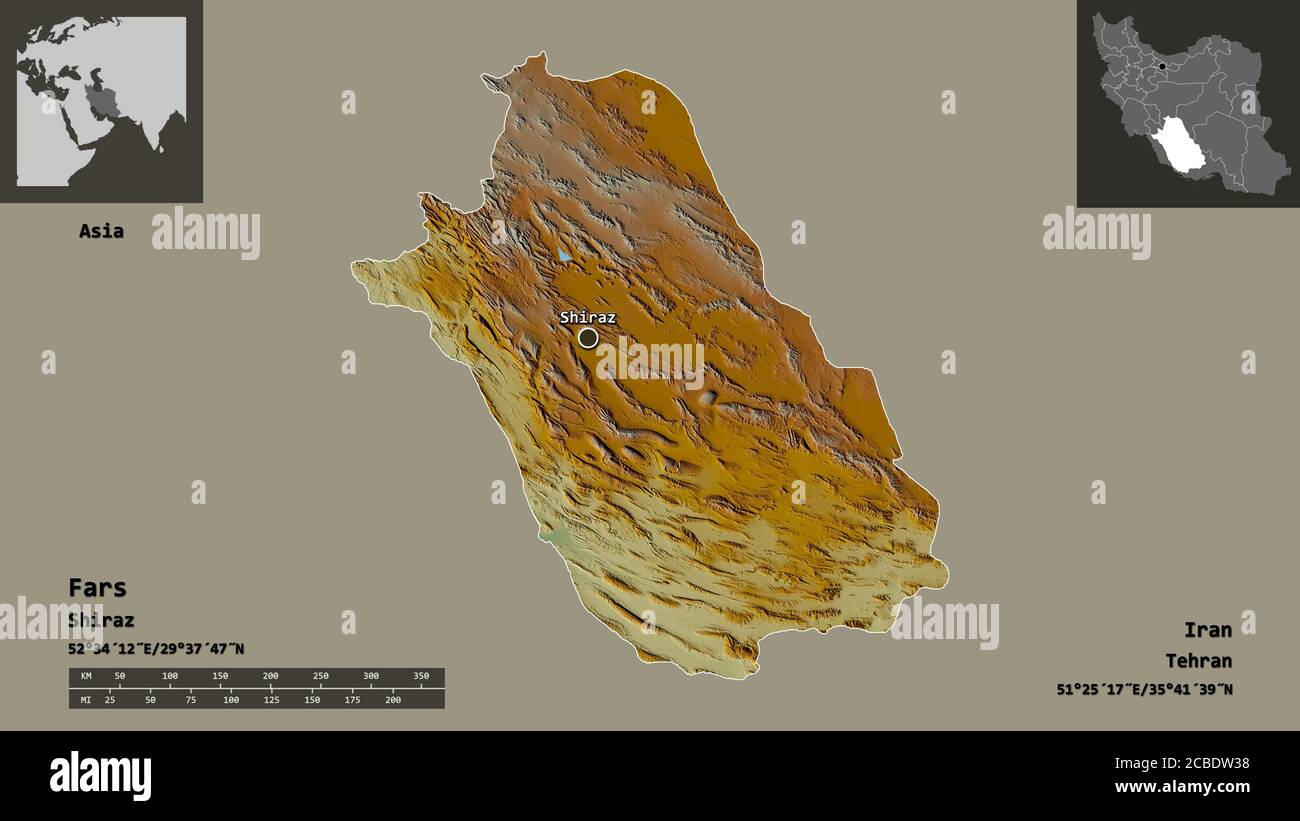 Shape of Fars, province of Iran, and its capital. Distance scale ...