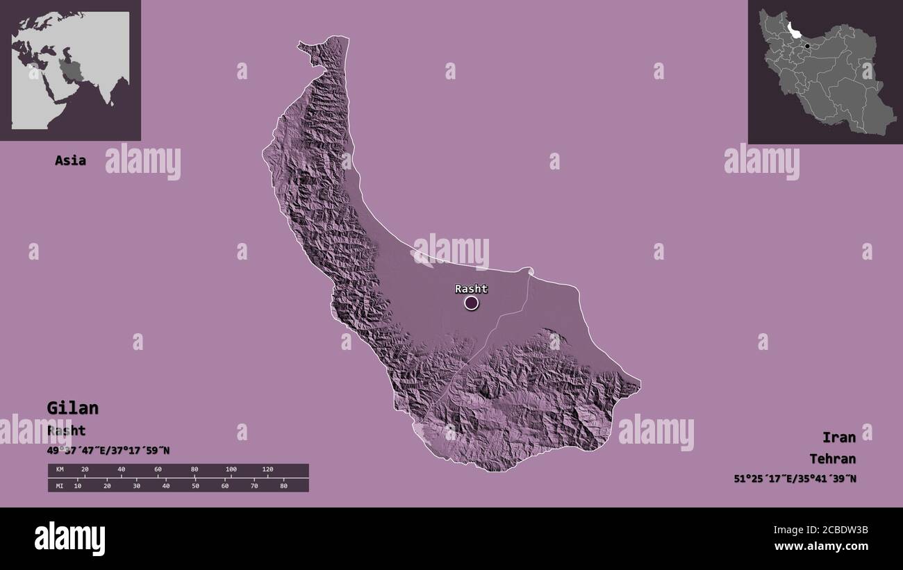 Shape of Gilan, province of Iran, and its capital. Distance scale ...
