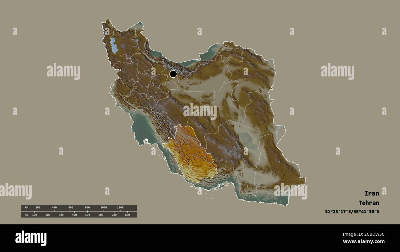 Desaturated shape of Iran with its capital, main regional division and ...