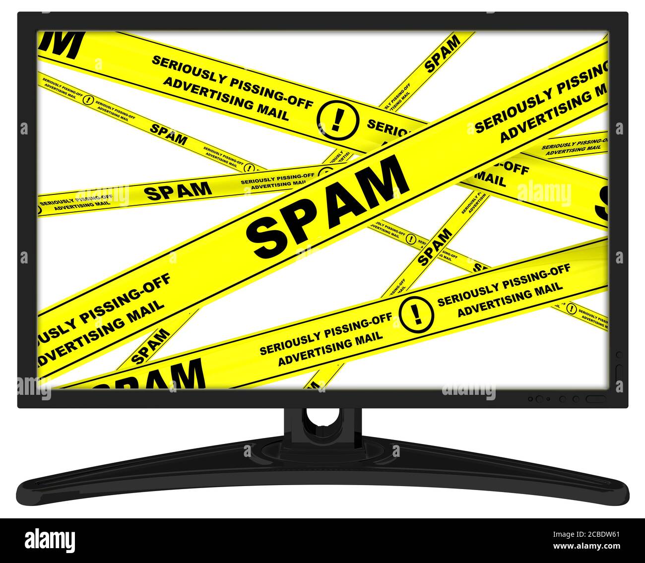 SPAM. The message in the monitor. Yellow warning tapes with black text ...