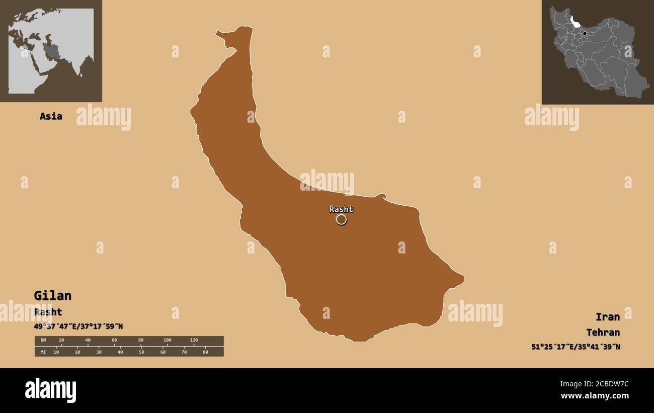 Shape of Gilan, province of Iran, and its capital. Distance scale ...