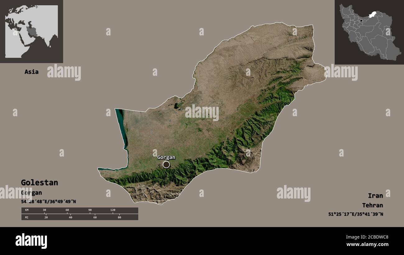 Shape of Golestan, province of Iran, and its capital. Distance scale ...