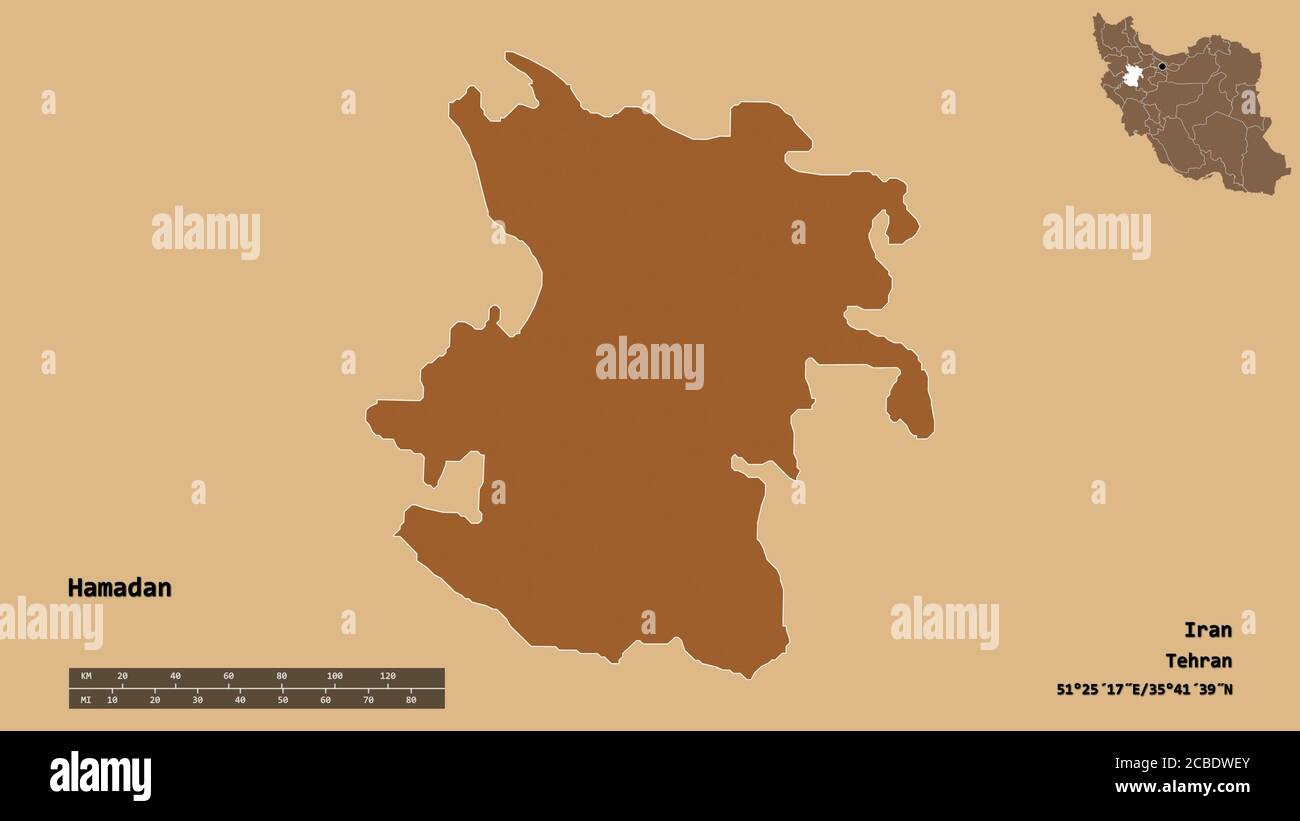 Shape of Hamadan, province of Iran, with its capital isolated on solid ...