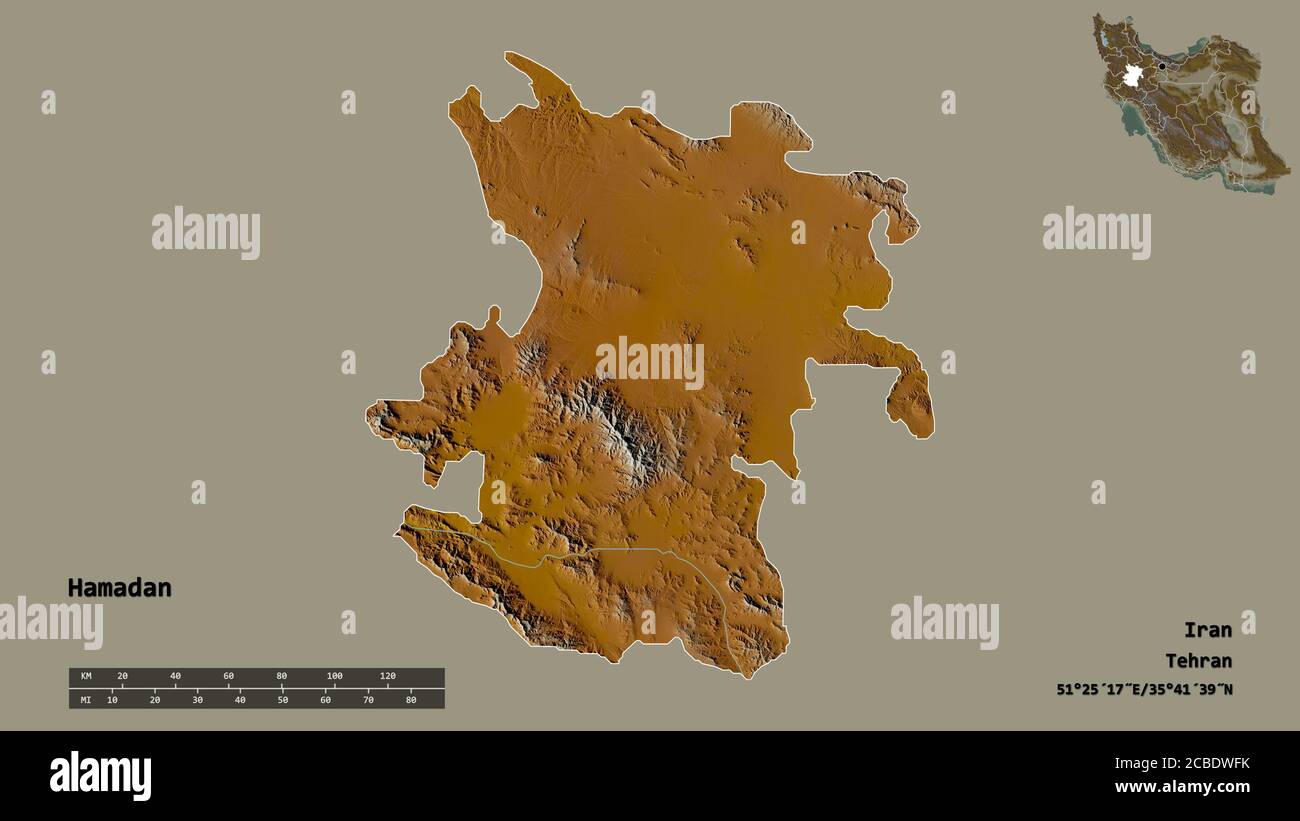 Shape of Hamadan, province of Iran, with its capital isolated on solid ...