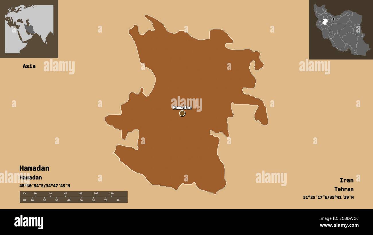 Shape of Hamadan, province of Iran, and its capital. Distance scale ...