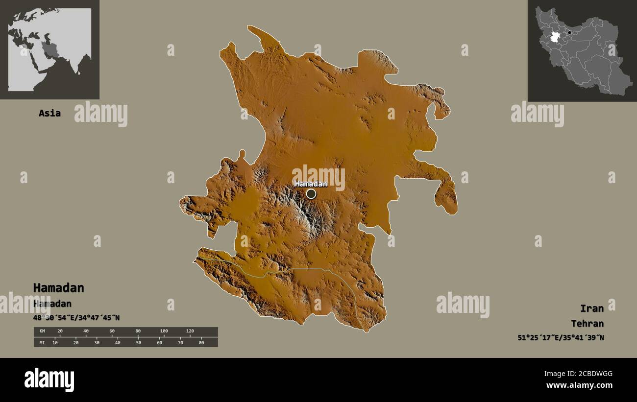 Shape of Hamadan, province of Iran, and its capital. Distance scale ...