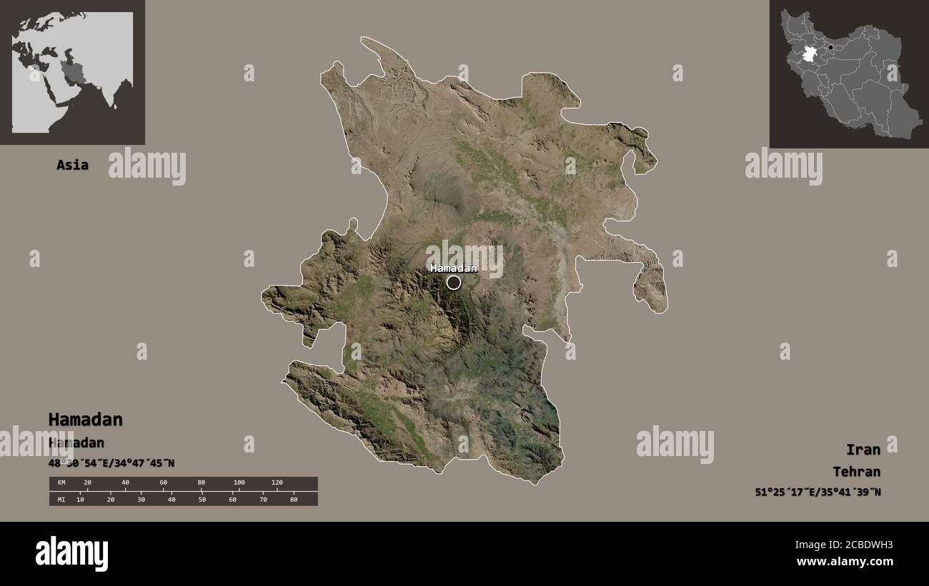 Shape of Hamadan, province of Iran, and its capital. Distance scale ...