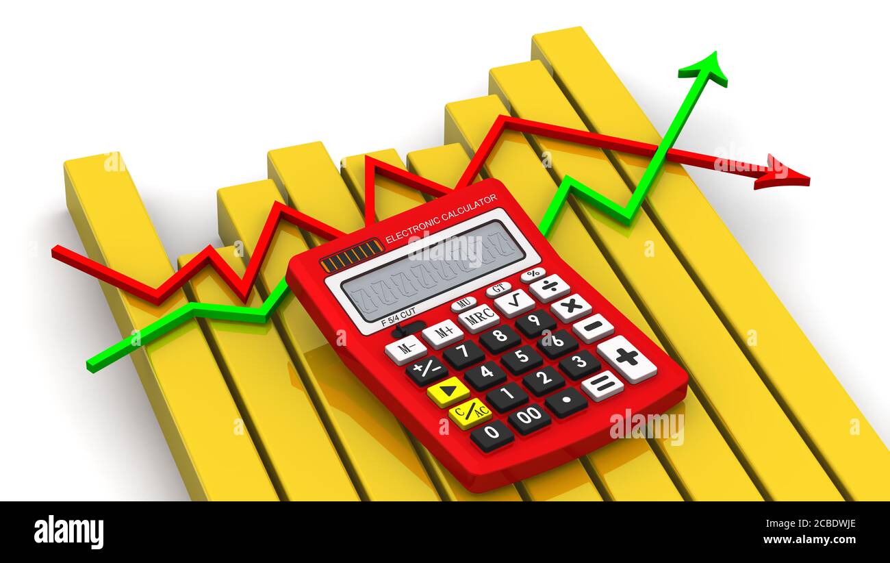 Changes in prices. Red calculator lies on the yellow chart. Financial ...