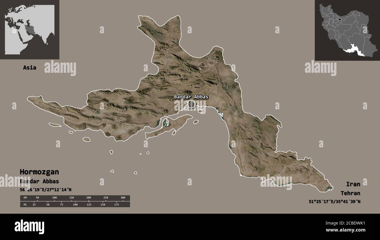 Shape of Hormozgan, province of Iran, and its capital. Distance scale ...