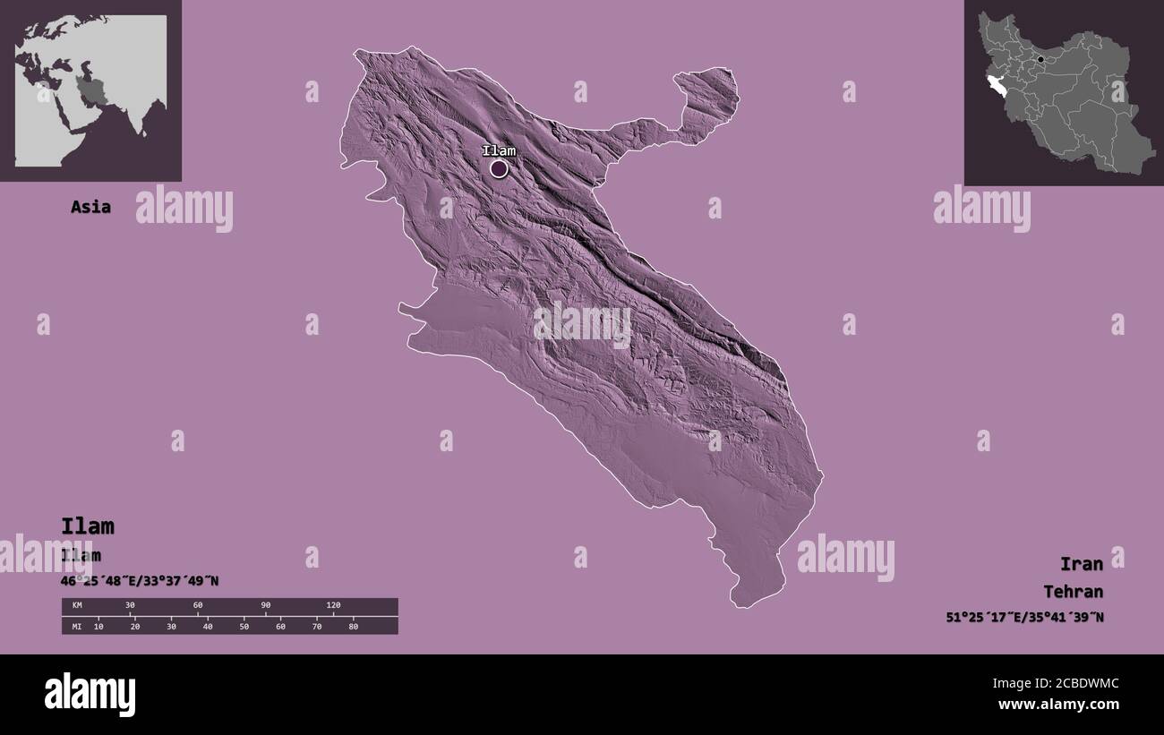 Shape of Ilam, province of Iran, and its capital. Distance scale ...