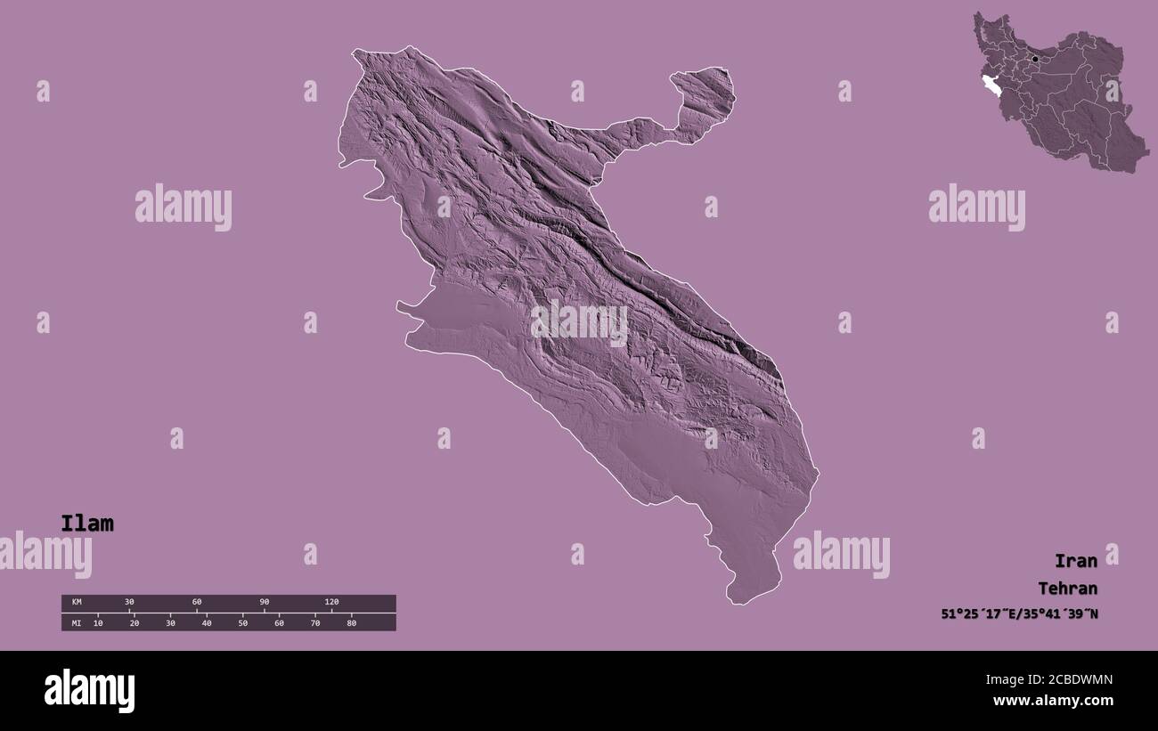 Shape of Ilam, province of Iran, with its capital isolated on solid ...