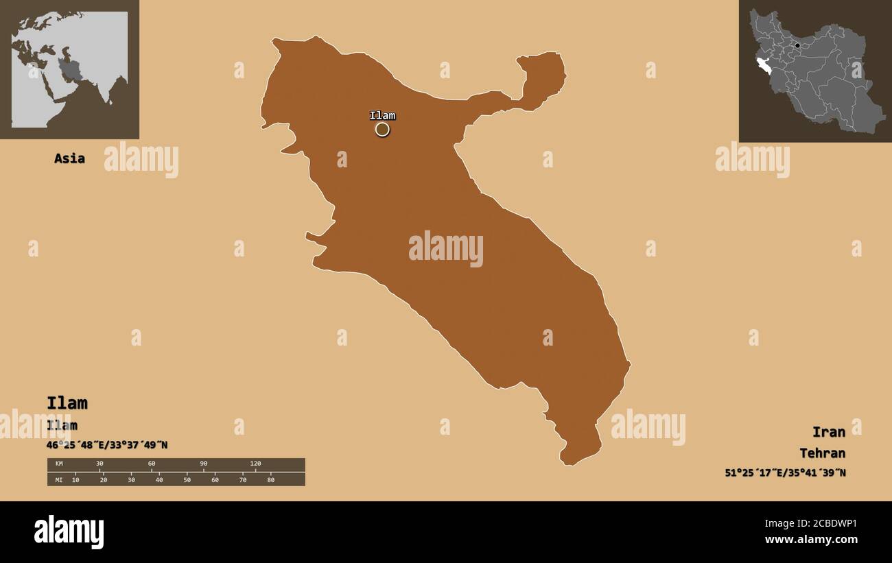 Shape of Ilam, province of Iran, and its capital. Distance scale ...