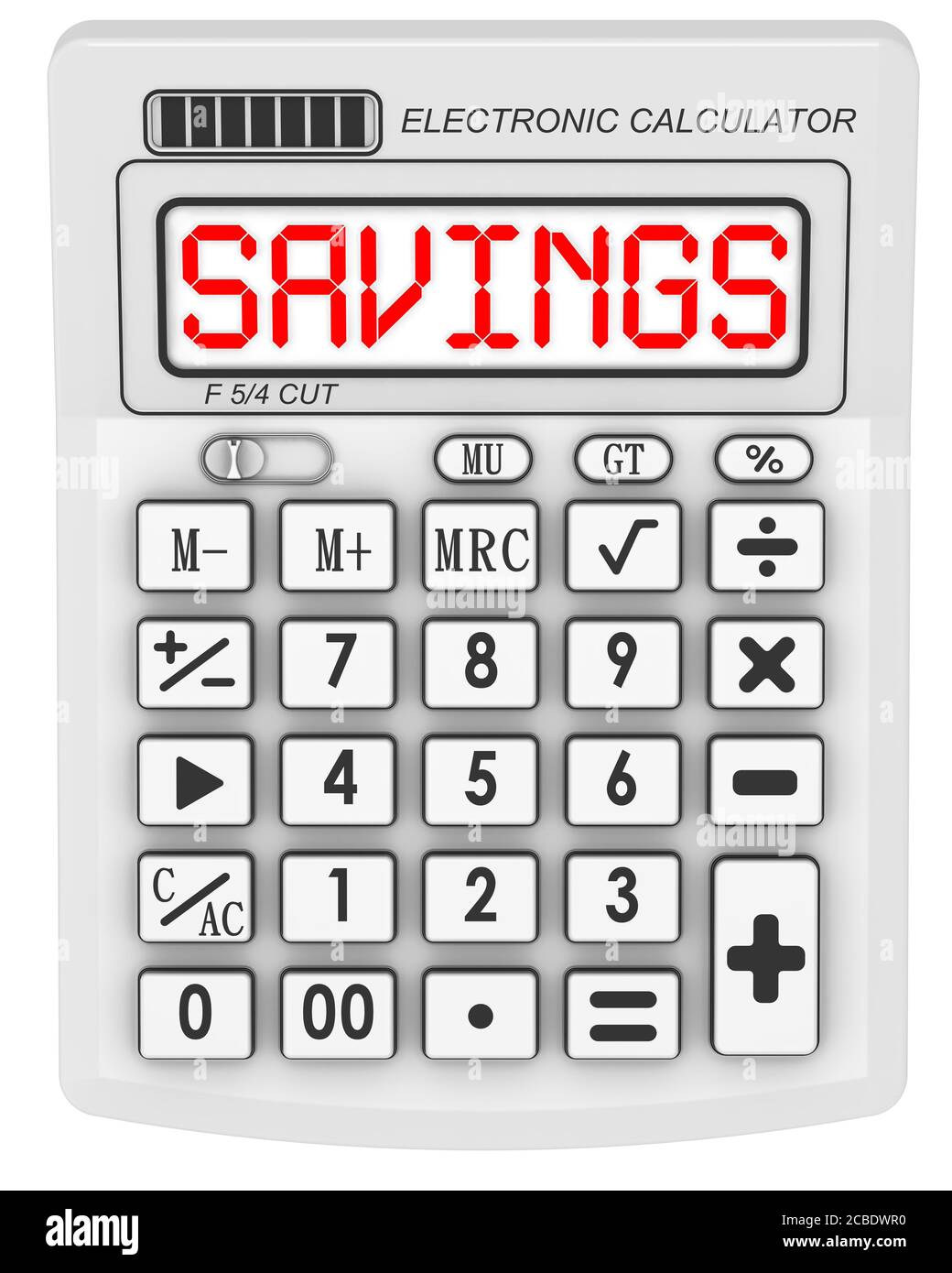 Savings. Message on the electronic calculator. Red word SAVINGS on the ...