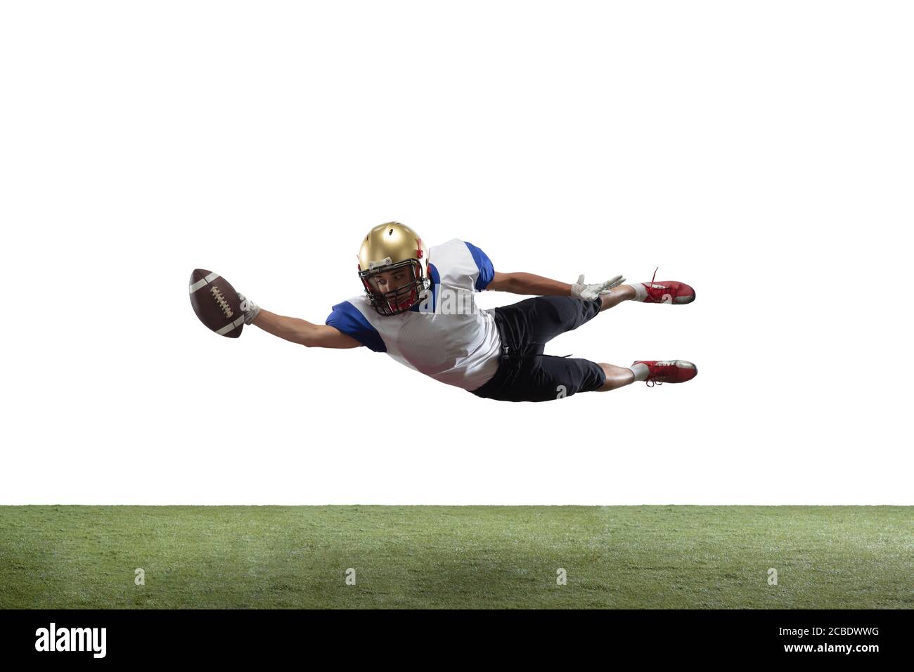 In jump, flight. American football player isolated on white studio ...