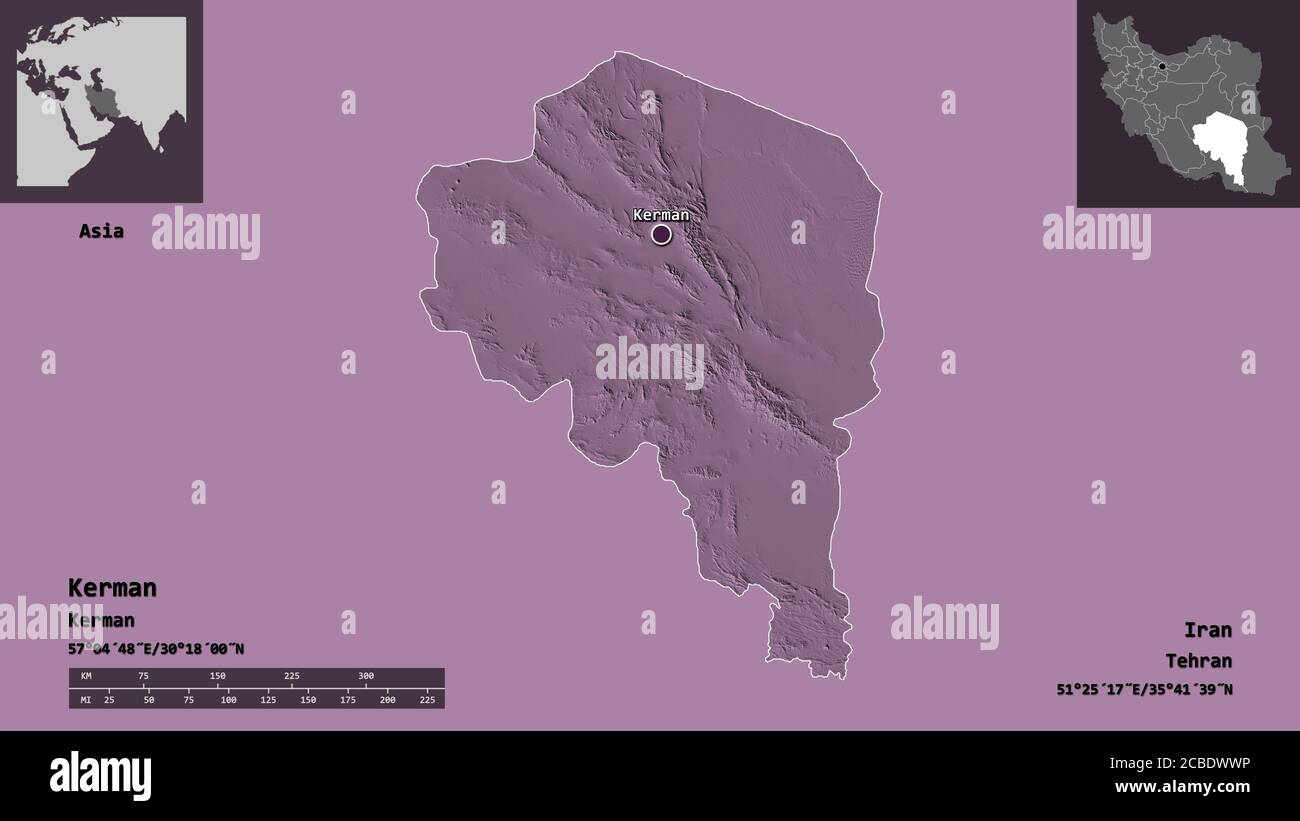 Shape of Kerman, province of Iran, and its capital. Distance scale ...