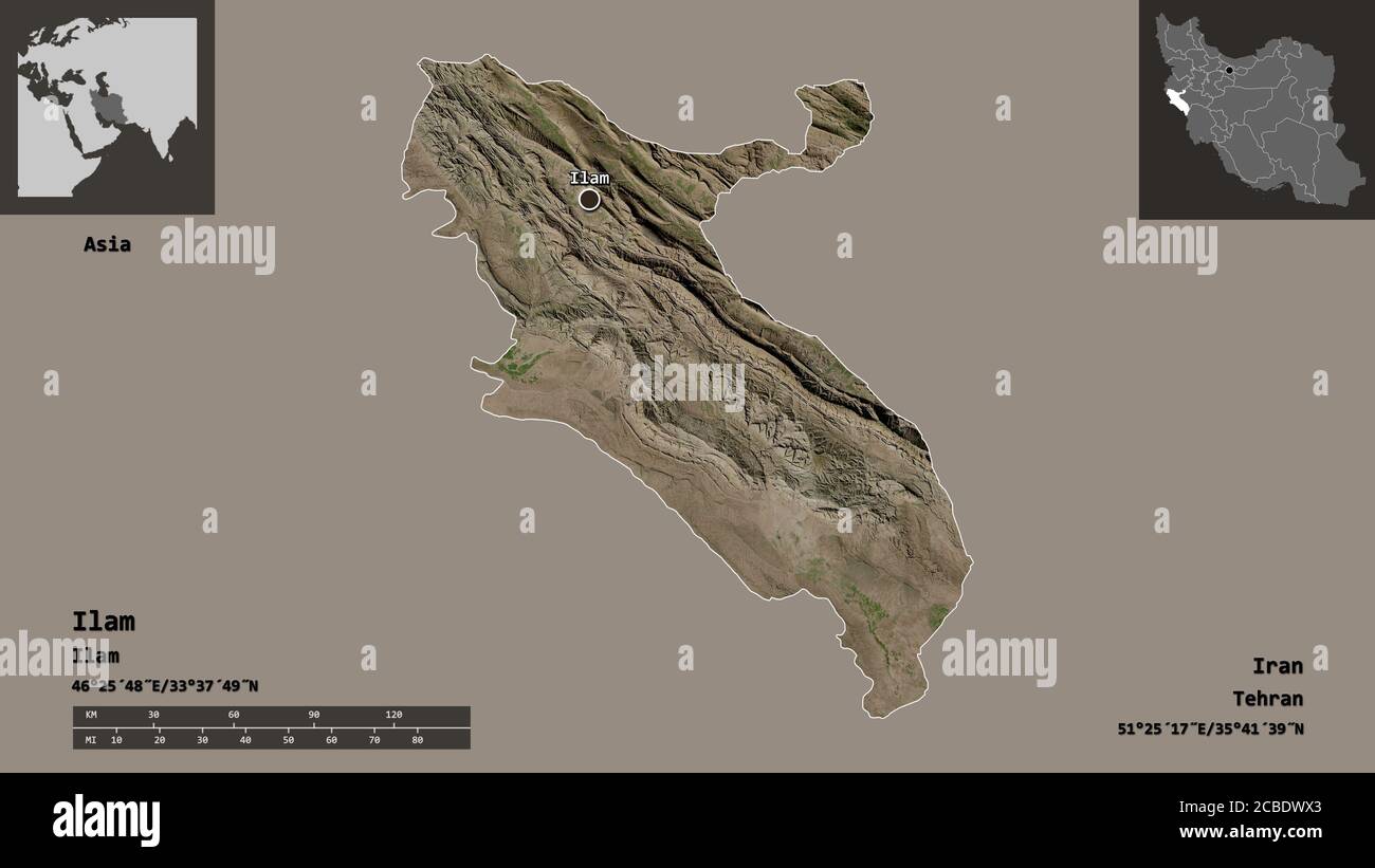 Shape of Ilam, province of Iran, and its capital. Distance scale ...