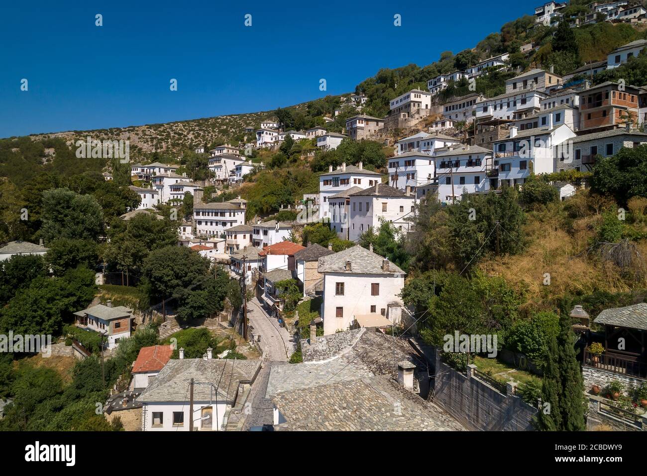 Aerial view of Makrinitsa traditional greek village on Pelion mountain ...