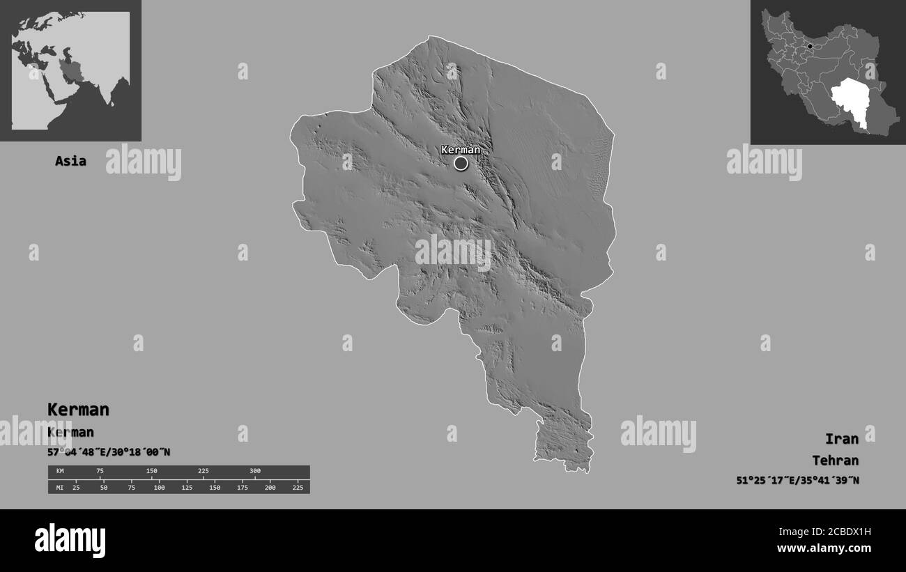 Shape of Kerman, province of Iran, and its capital. Distance scale ...