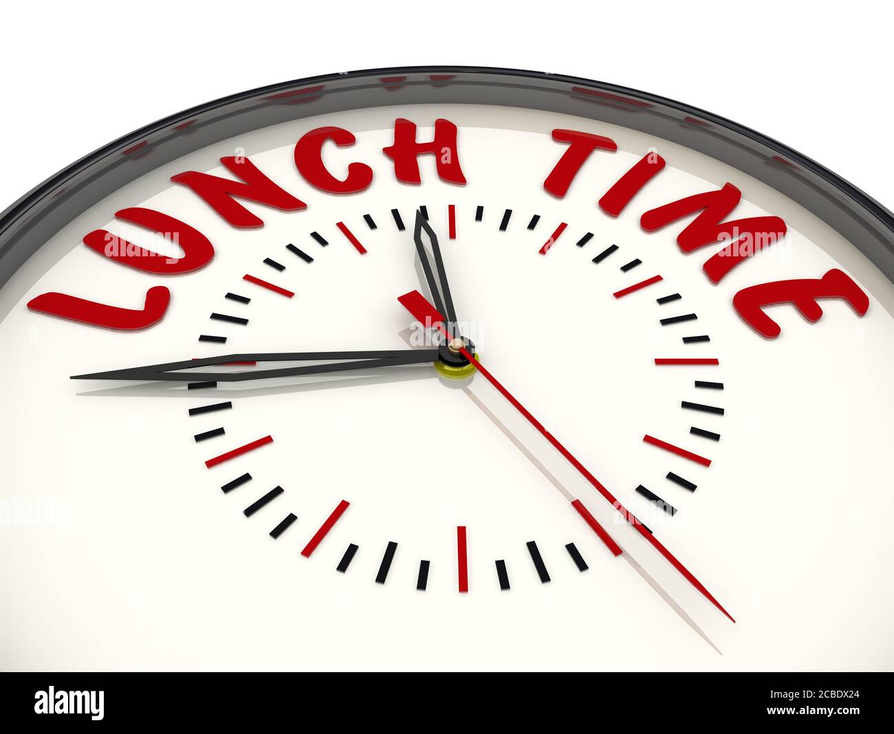 Lunch time. Clock with text. The round clock with red text LUNCH TIME ...