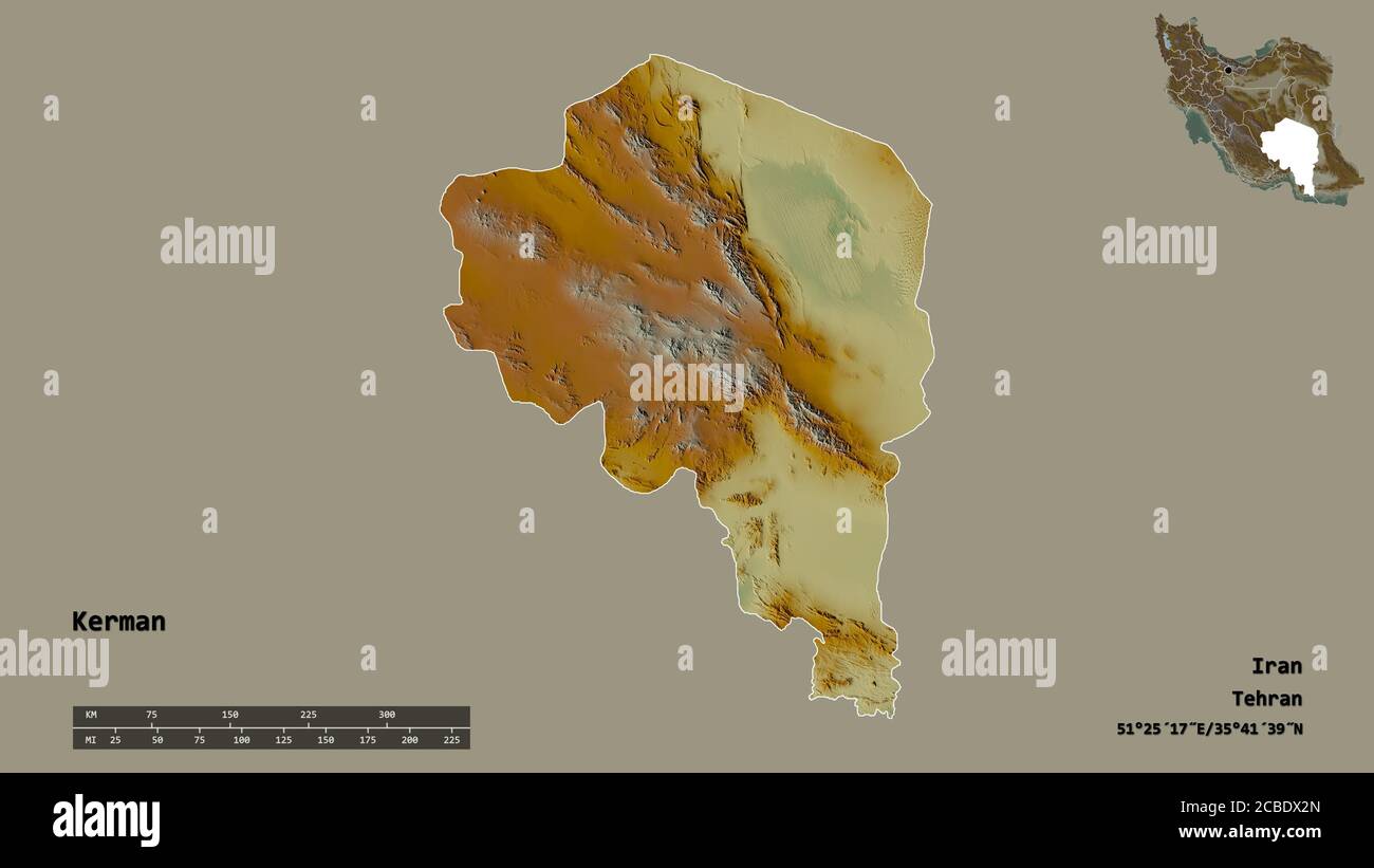 Shape of Kerman, province of Iran, with its capital isolated on solid ...