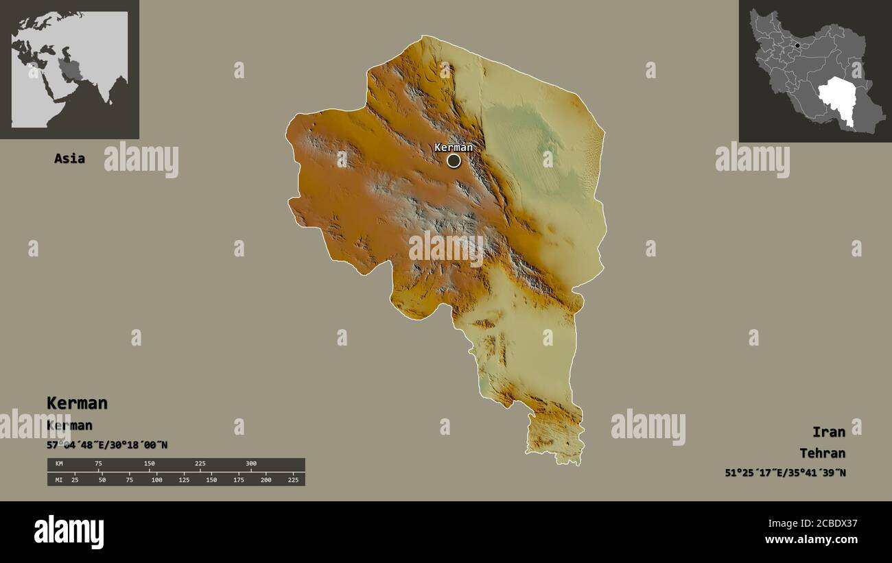 Shape of Kerman, province of Iran, and its capital. Distance scale ...